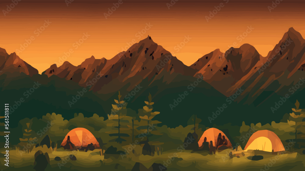 Sunny day landscape illustration in flat style with tent, campfire ...