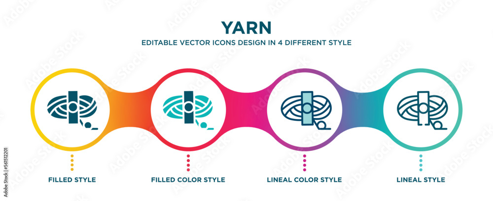 Vettoriale Stock yarn icon in 4 different styles such as filled, color, glyph, colorful, lineal ...