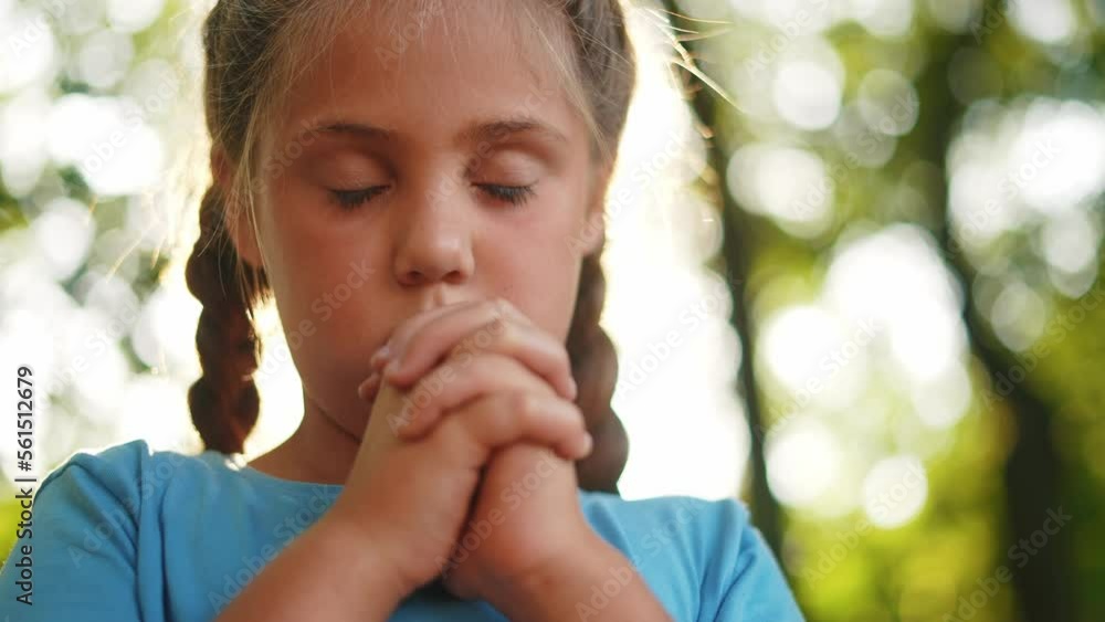 child pray. young gratitude a god religion concept. little girl in ...