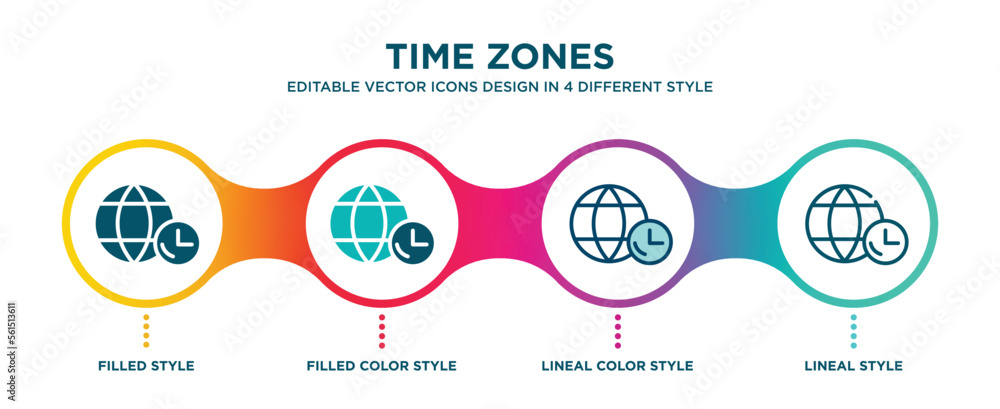 time zones icon in 4 different styles such as filled, color, glyph ...