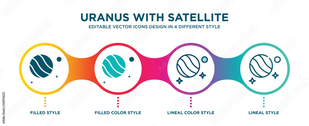 uranus with satellite icon in 4 different styles such as filled, color, glyph, colorful, lineal ...