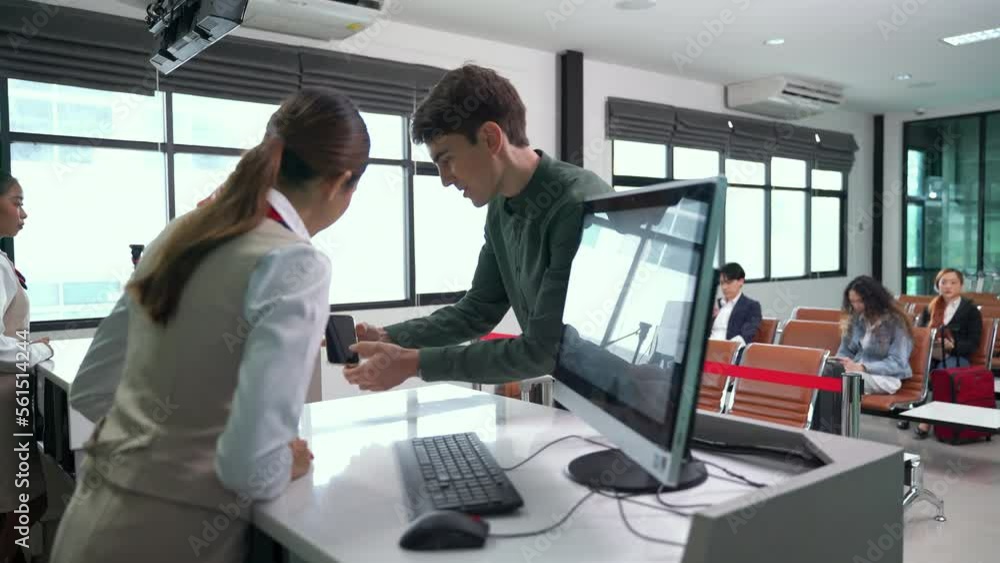 People traveler give passport to female officer customer service at ...