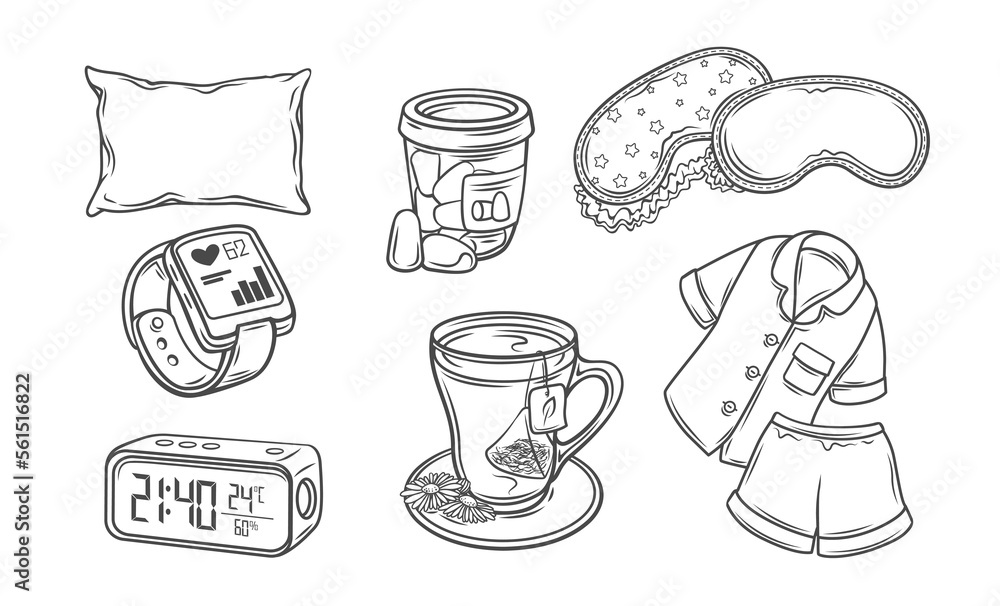 Time to sleep set of line icons vector illustration. Hand drawn outline ...