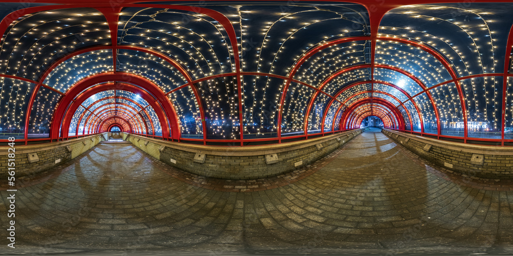 spherical night 360 panorama in festively lit underground passage ...