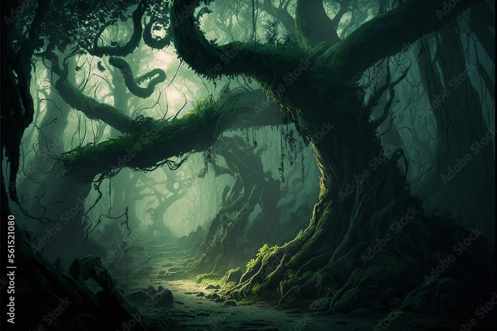 Dense forest with twisted trees landscape, environment, D&D, dnd ...