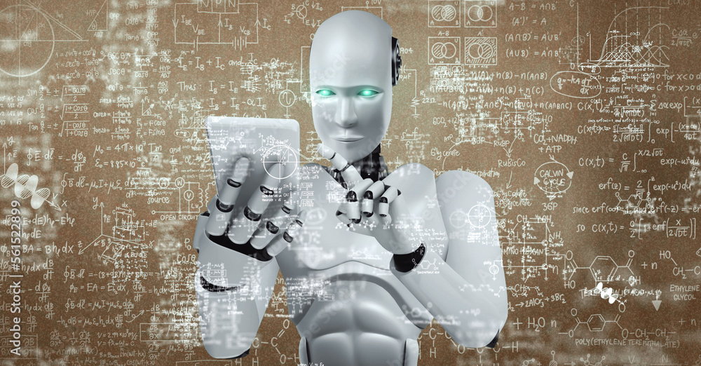 Robot hominoid use mobile phone or tablet for engineering science studying using AI thinking ...