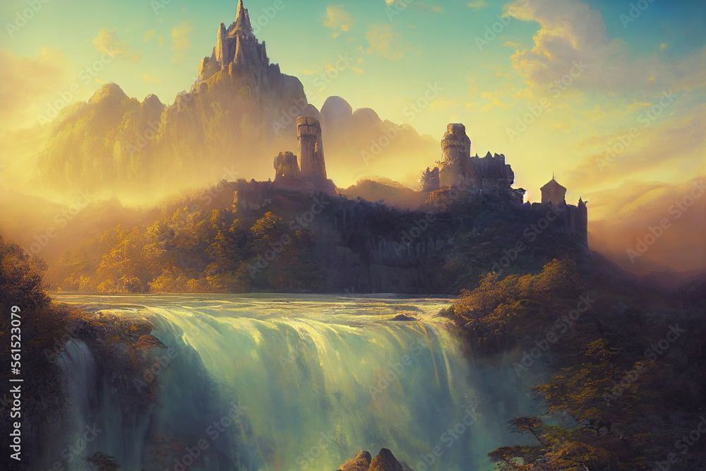 Beautiful digital art of fantasy fairy tale castle on waterfall with hills and mountain scenery ...
