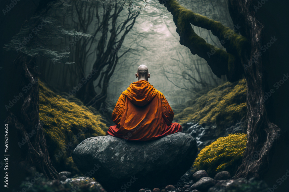 Buddhist monk in lotus position praying on giant rock in deep forest ...