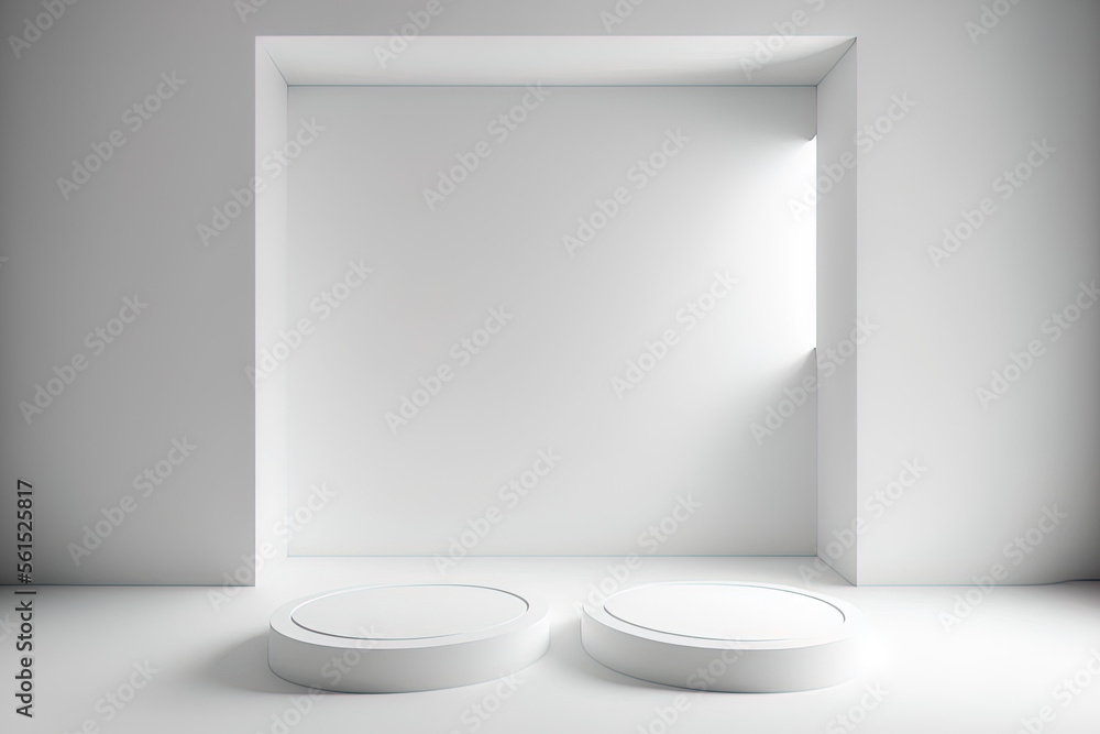 A wide angle illustration of a white wall background with two empty ...