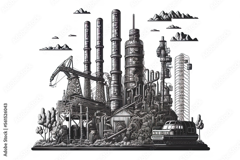 Line drawings of oil drilling rigs, refineries, oil tankers, buildings ...