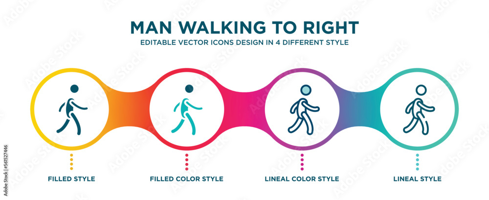 man walking to right icon in 4 different styles such as filled, color ...