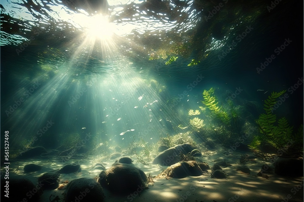 a sunbeam shines through the water over rocks and plants in a seabed of ...