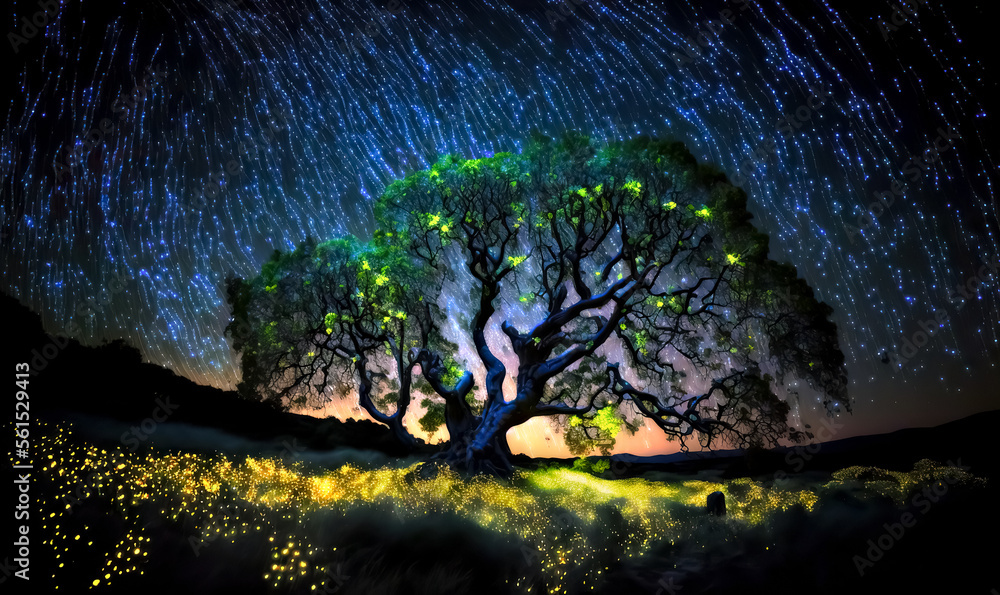 Magic beautiful landscape, each firefly flashes its light in a pattern ...