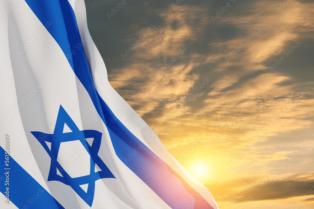 Israel flag with a star of David over cloudy sky background on sunset ...