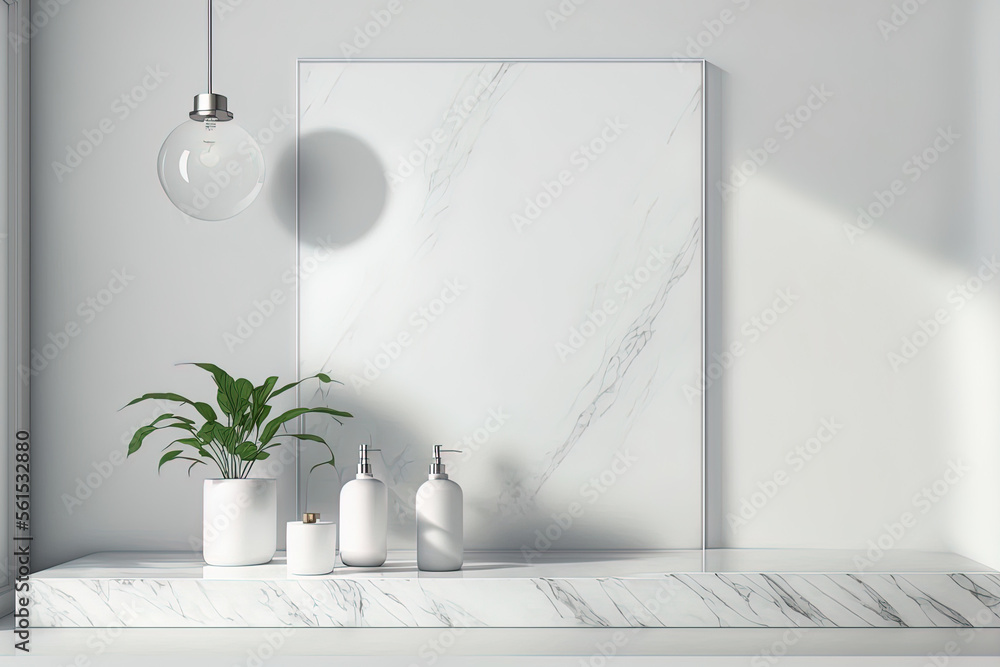Realistic close up blank space on white marble bathroom vanity counter ...
