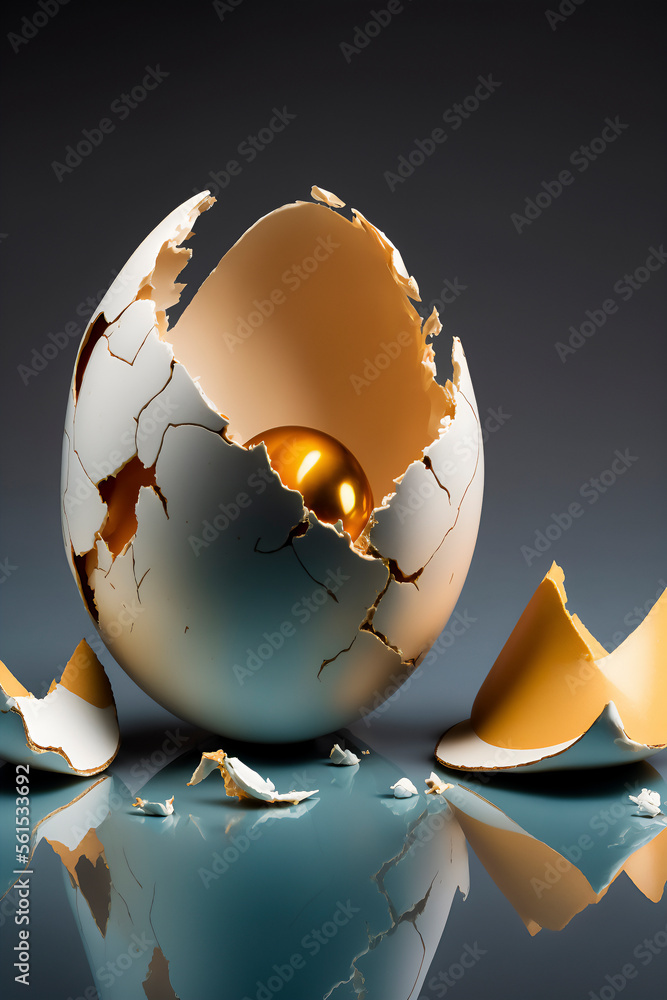 Cracked egg shell with a golden egg inside, Easter background, banner ...