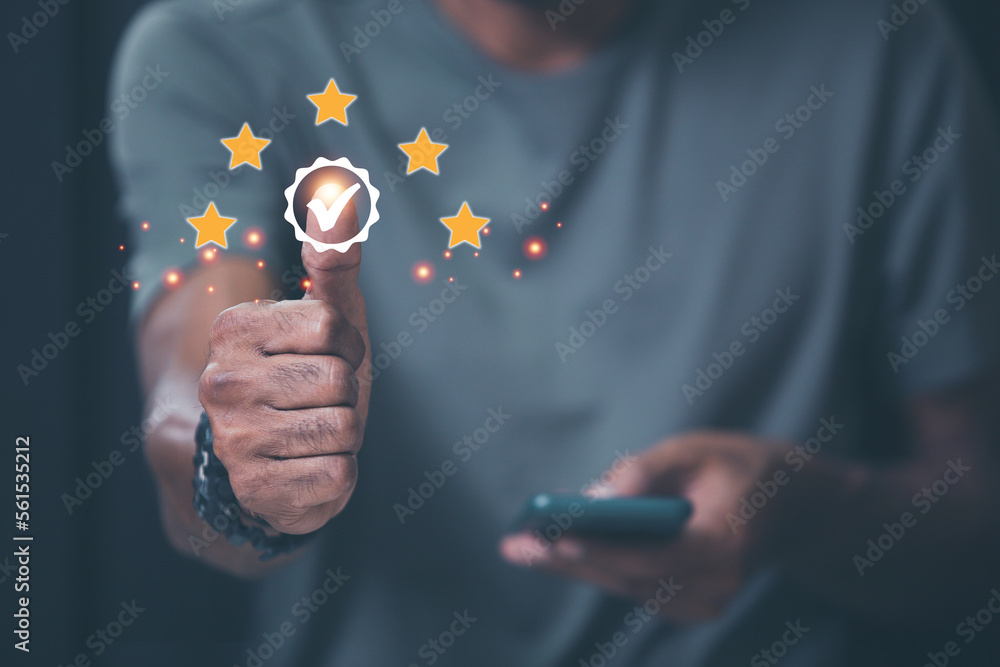 Customer experience satisfaction concept. customer hand with thumb up ...