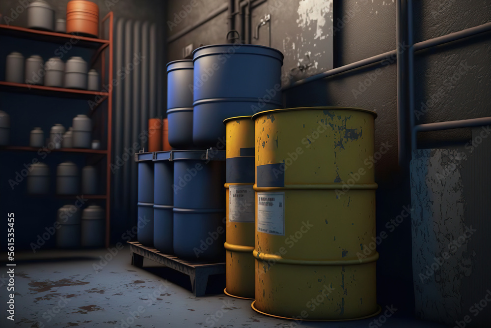 Yellow metal barrel which is contained hazardous chemical, acid or ...