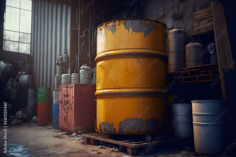 Yellow metal barrel which is contained hazardous chemical, acid or ...