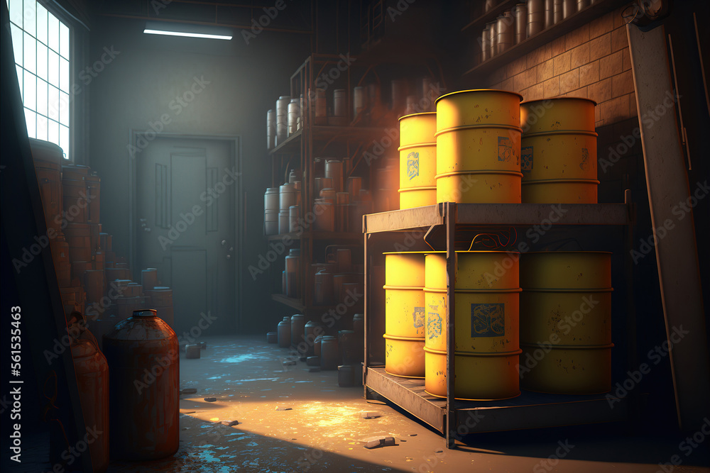 Yellow metal barrel which is contained hazardous chemical, acid or ...
