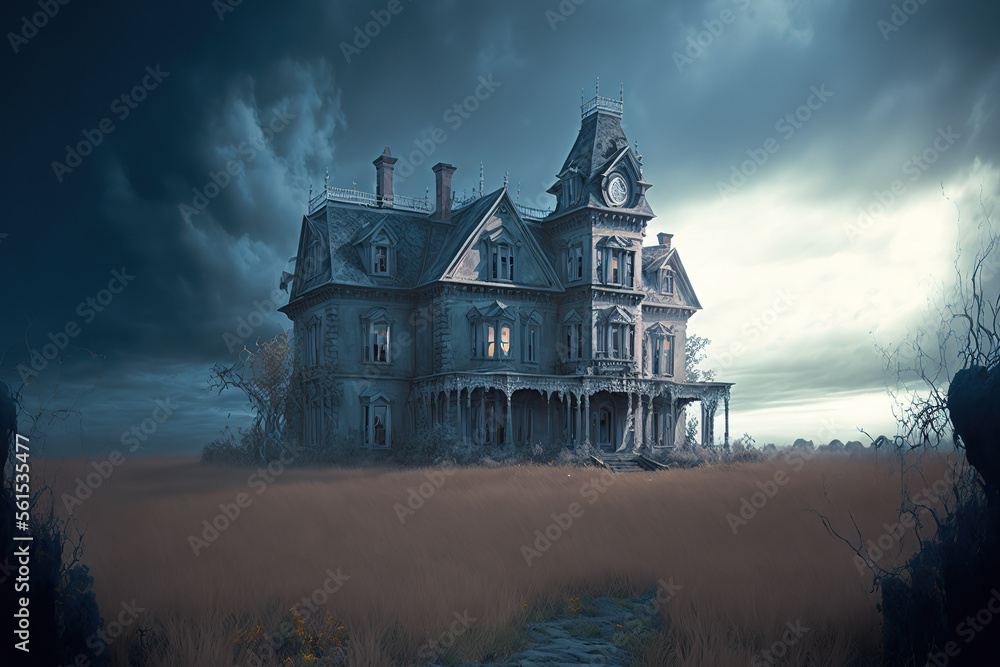 An ancient mansion which is abandoned in the ruined field with pale sky ...