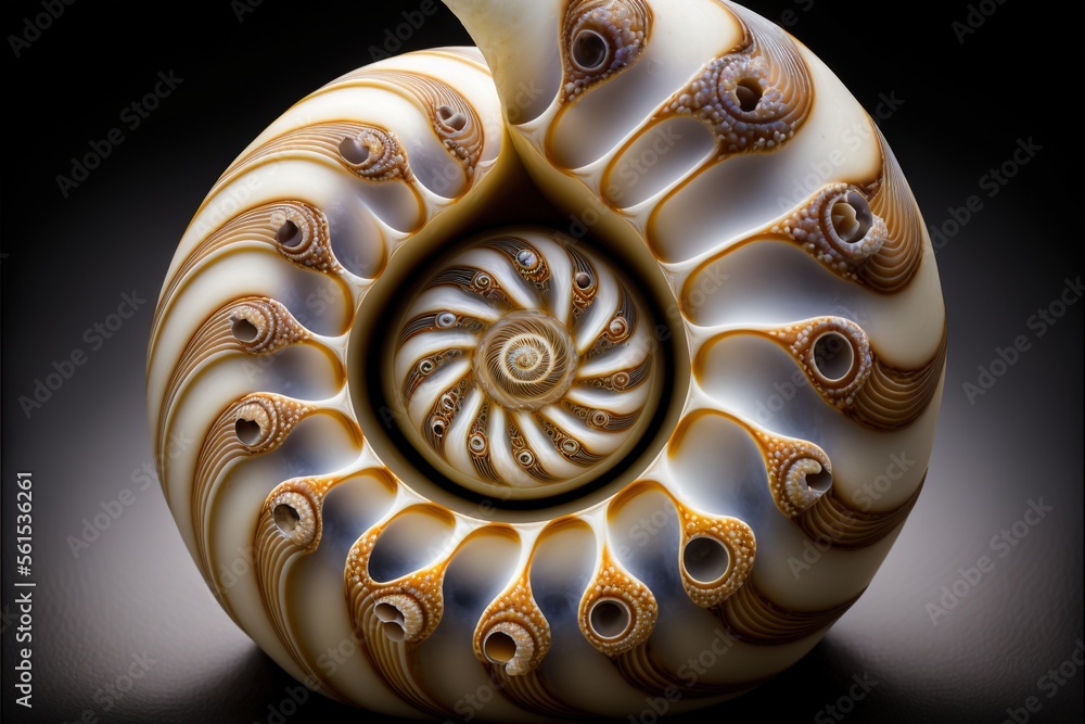 a very large shell with a spiral design on it's side, on a black ...