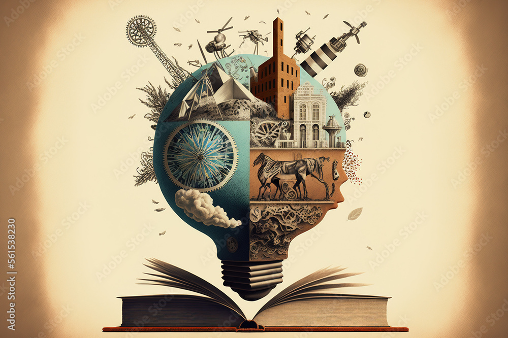 Brain with lightbulb, gears, cogs books, inspired by technology, AI and ...
