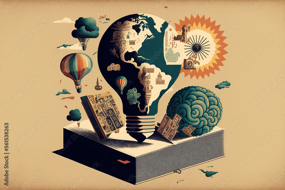 Brain with lightbulb, gears, cogs books, inspired by technology, AI and ...