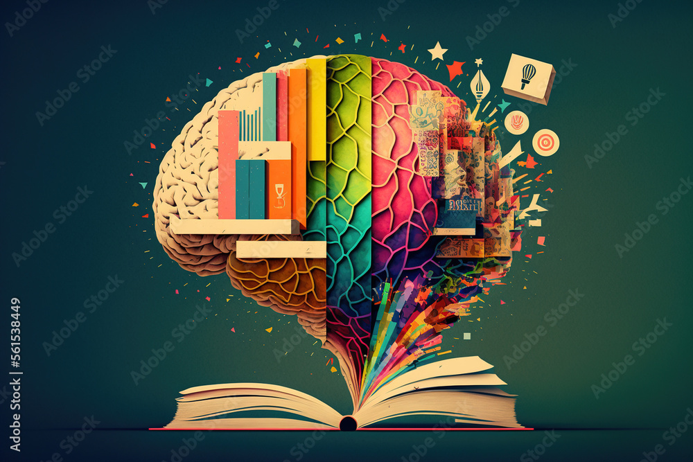 Colorful Brain with lightbulb, gears, cogs books, inspired by ...