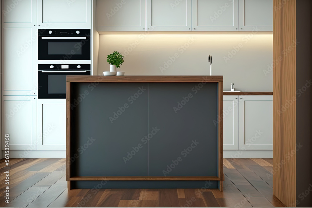 Mockup built in modern kitchen counter with wood kitchen island pantry ...