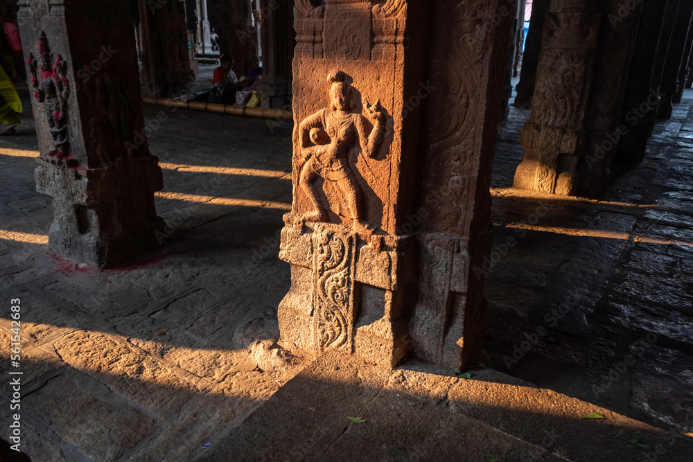 Beautiful carving of a dancing figurine on a pillar at the ancient ...