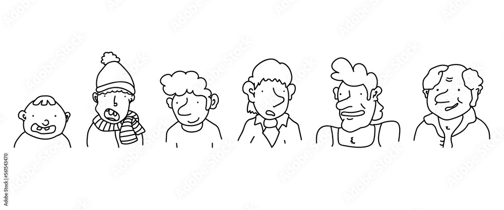 Set of cartoon hand drawn people. Man growing up stages - baby, toddler ...