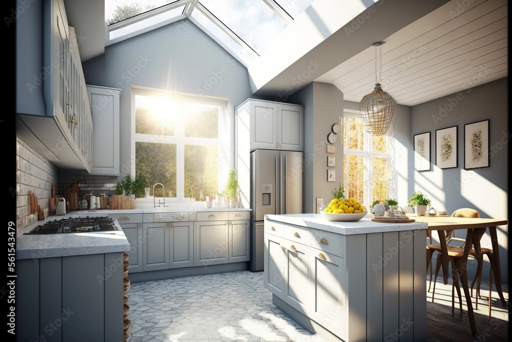 a kitchen with a skylight and a table and chairs in it and a window in ...