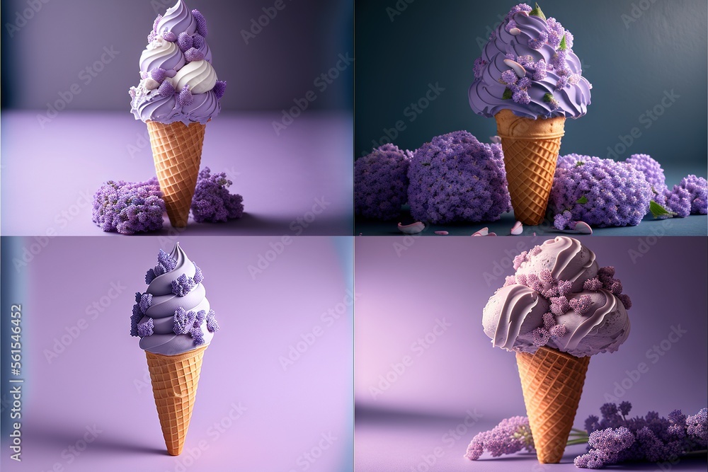 a series of four pictures of a purple ice cream cone with flowers on it ...