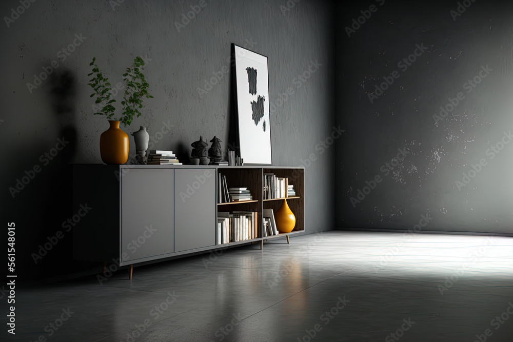 Dark empty room interior with empty grey wall, sideboard with books and ...