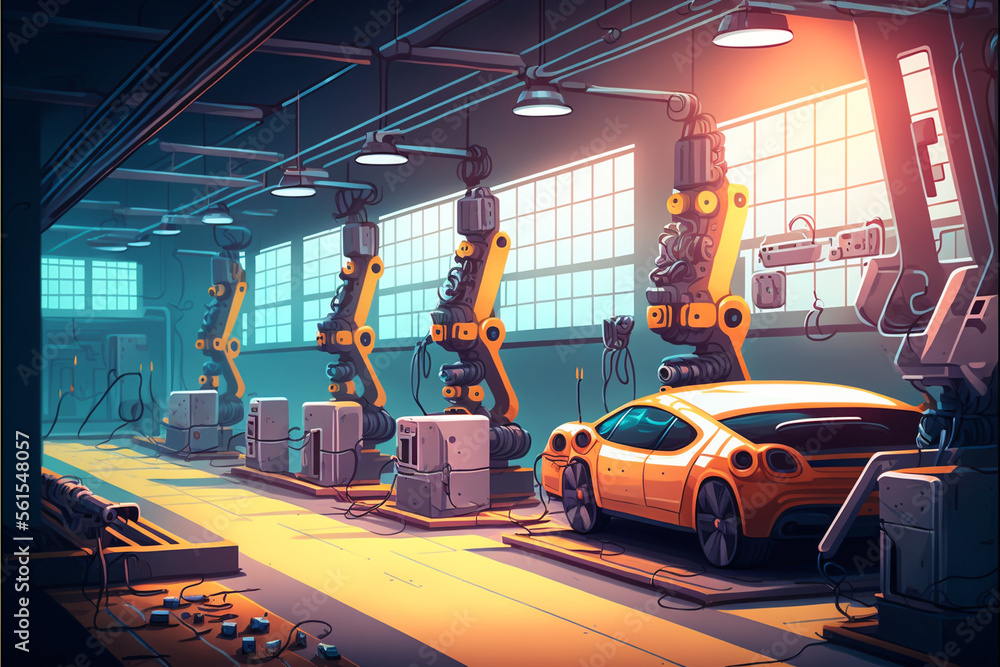 automated automobile factory, where robots are used to assemble cars ...