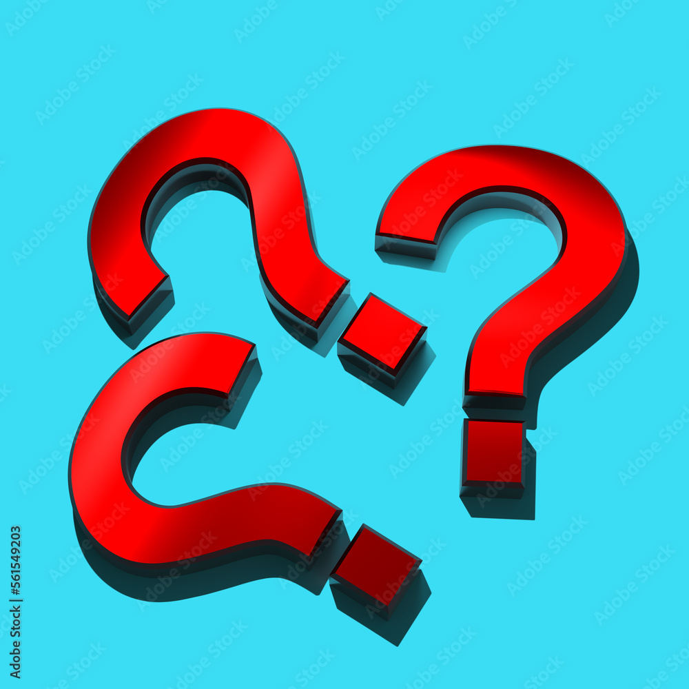 Three bright red question marks with hard shadows lie on a blue background - - a blank for a ...