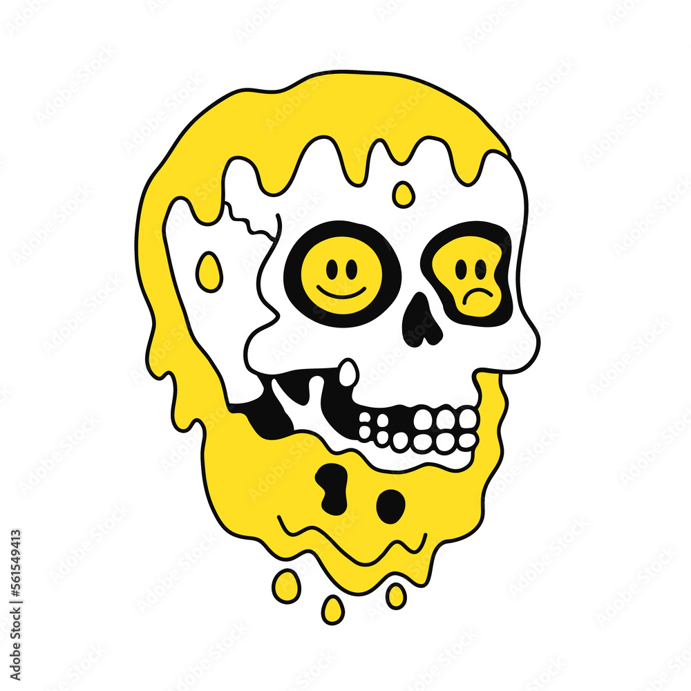 Melt distortion smile face skull inside. Vector hand drawn doodle line ...