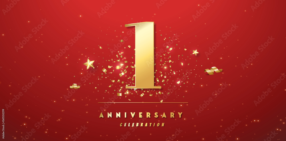 1st Year anniversary celebration background. 3D Golden number 1 with ...