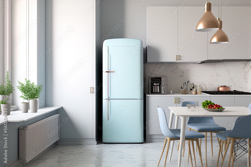 A modern kitchen with white walls, blue and white furnishings, a fridge ...