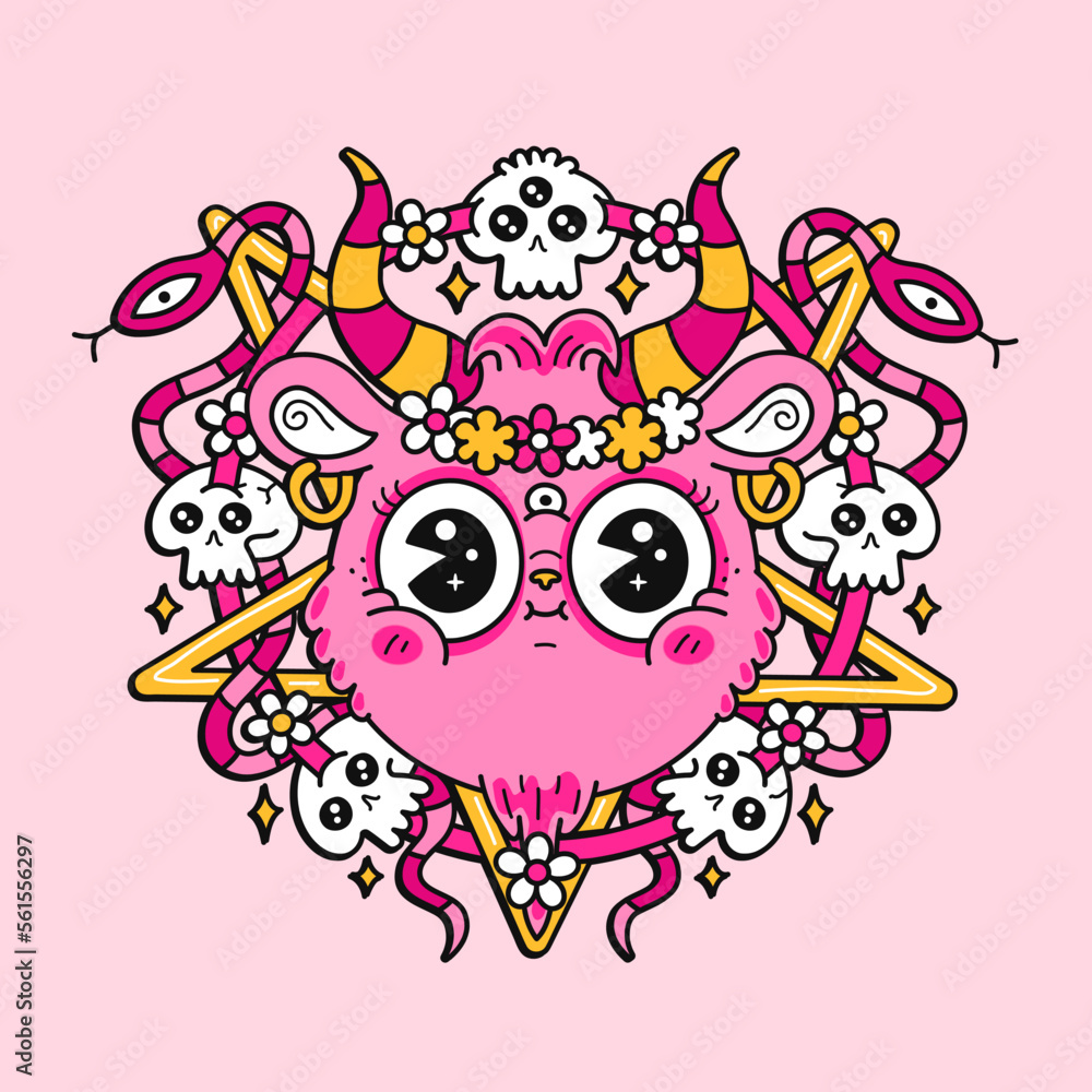 Funny goat satan head and pentagram. Vector cartoon character ...