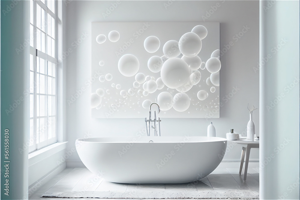 Bubble bath in a white minimal bathroom for hygiene backgrounds ...