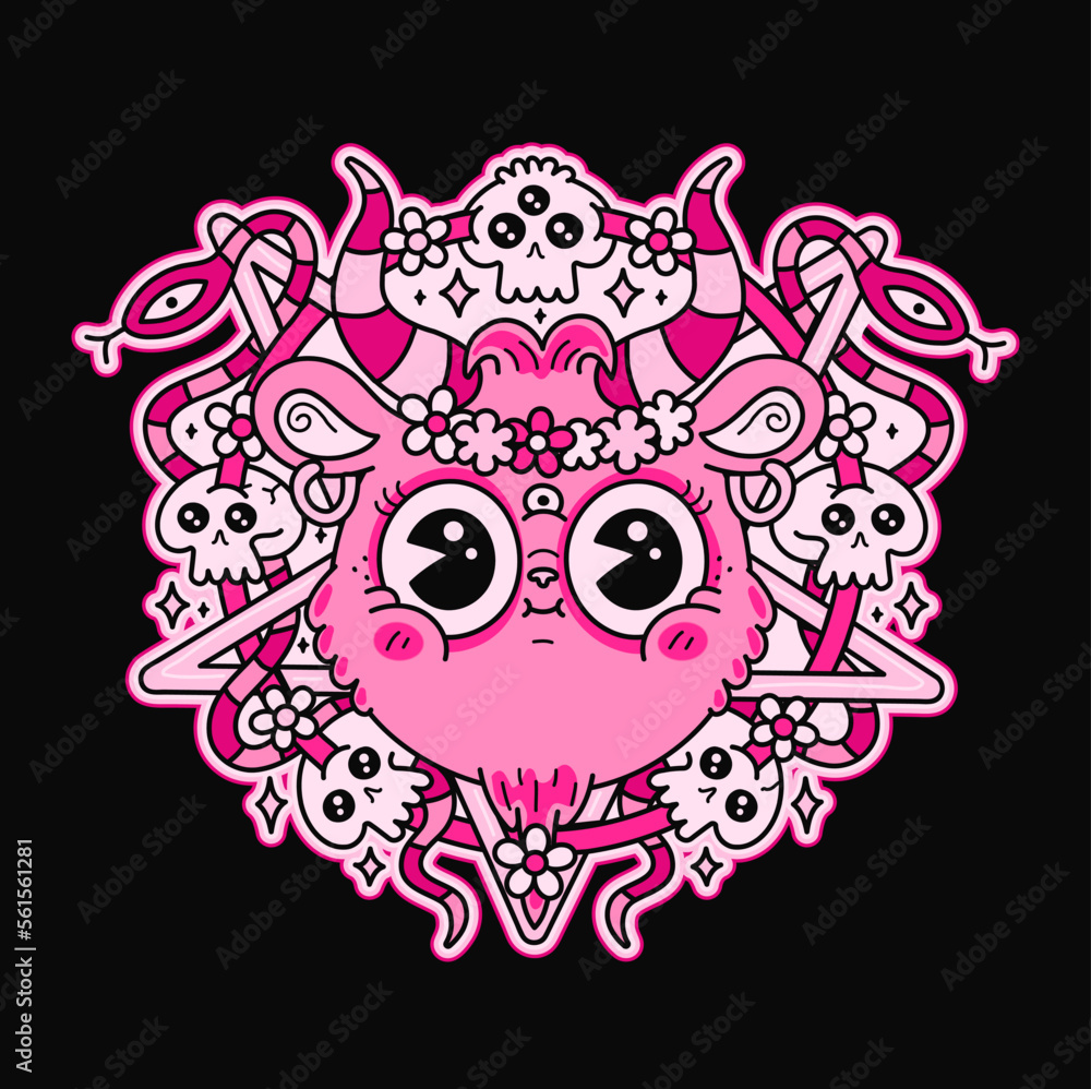 Funny goat satan head and pentagram. Vector cartoon character ...