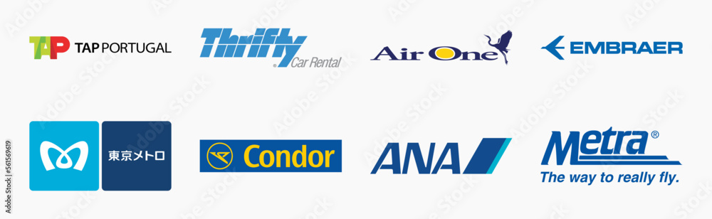 Transport brands logos collection. Condor Airlines, Air One, Metra, TAP ...