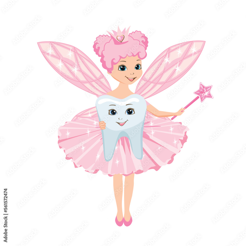 Tooth fairy in a caron and with a magic platter. The tooth fairy holds ...