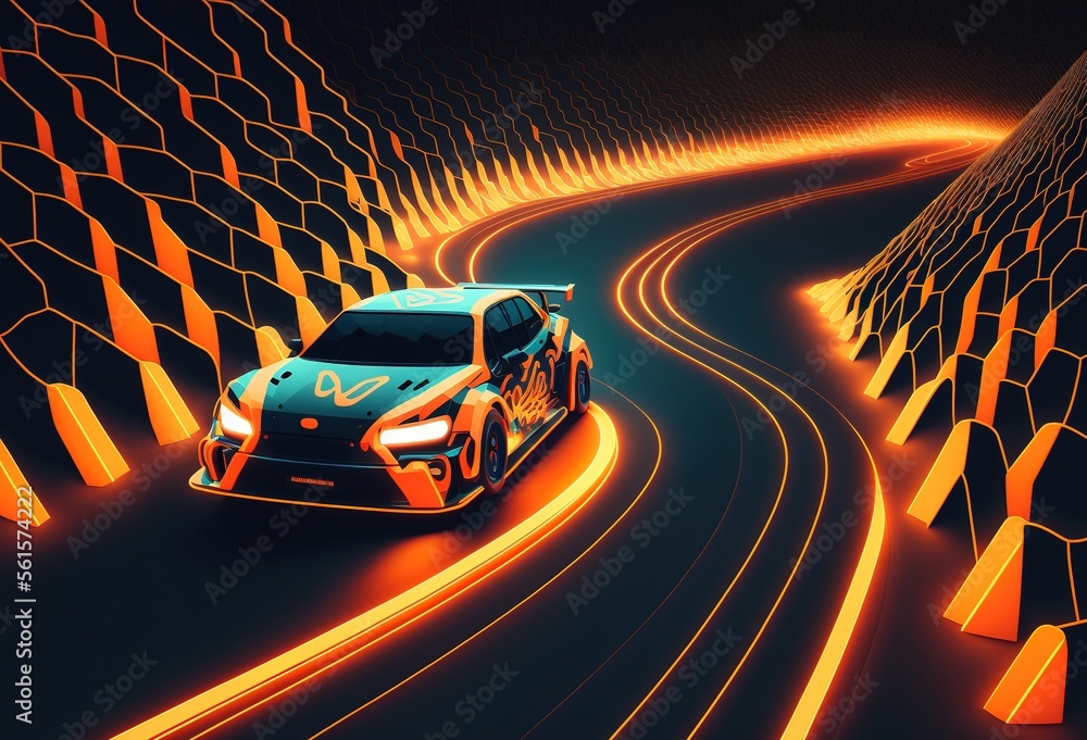 Futuristic Sports car or Rally Car Racing on Glowing Lines and Roads ...