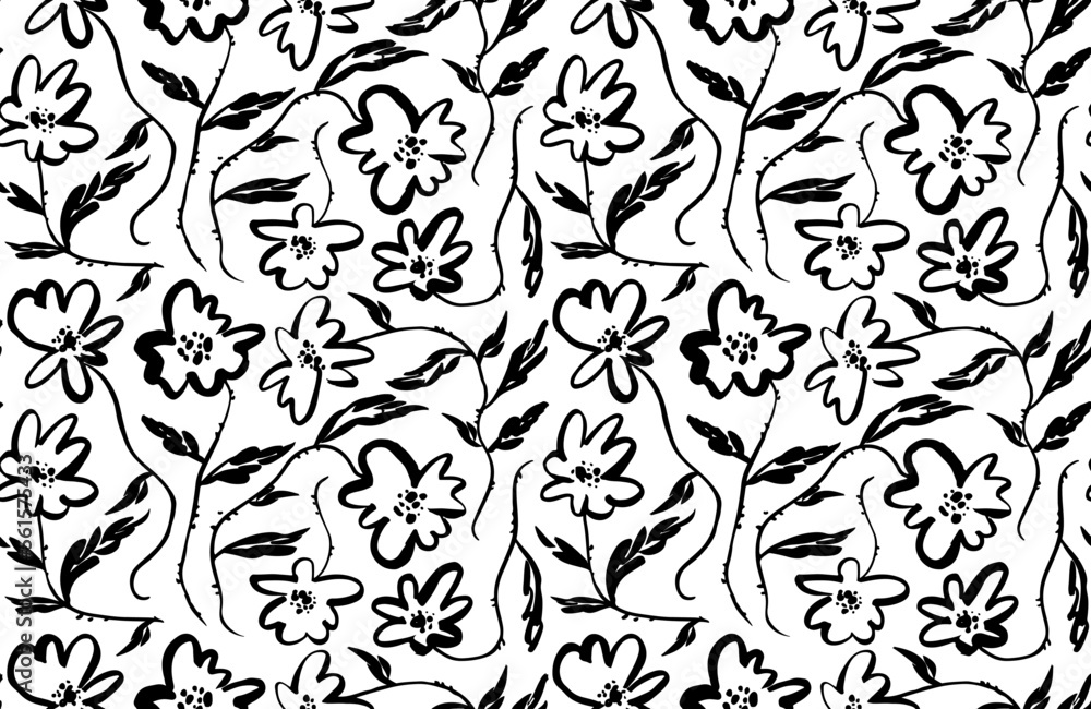 Flowers on curved thin stems seamless pattern. Brush drawn elegant ...