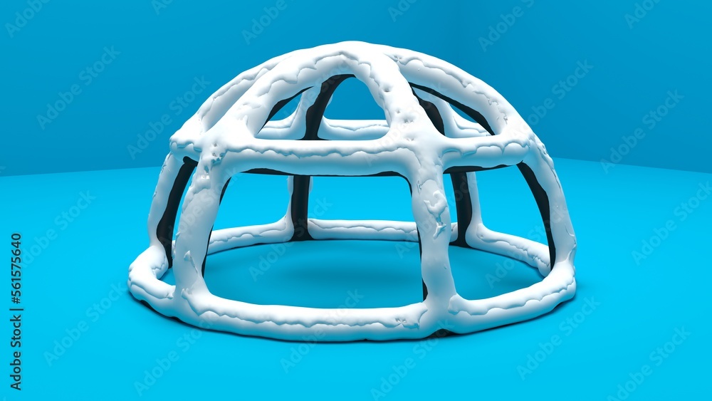 Dome shaped frame. Igloo. object covered in snow. blue background ...