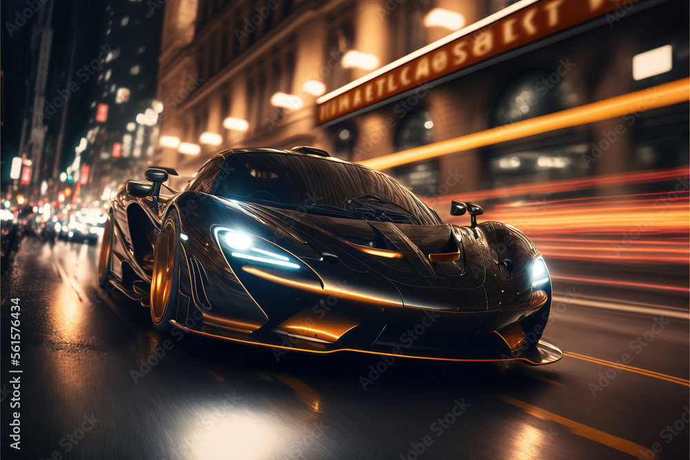 luxury black hypercar sportcar on the suburban downtown night street ...