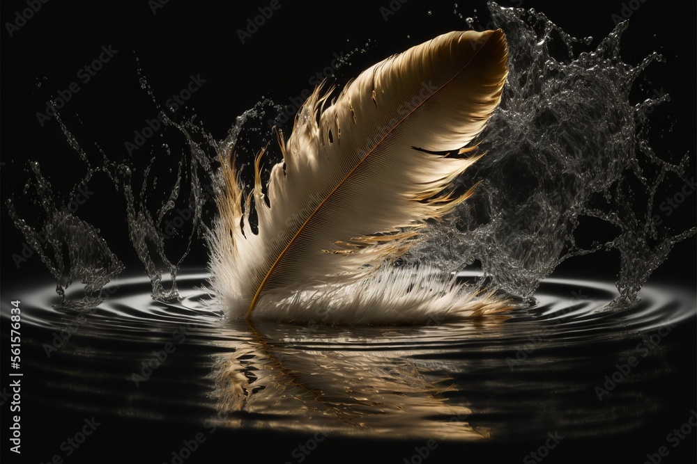 a feather floating in water with a splash of water on it's side and a ...